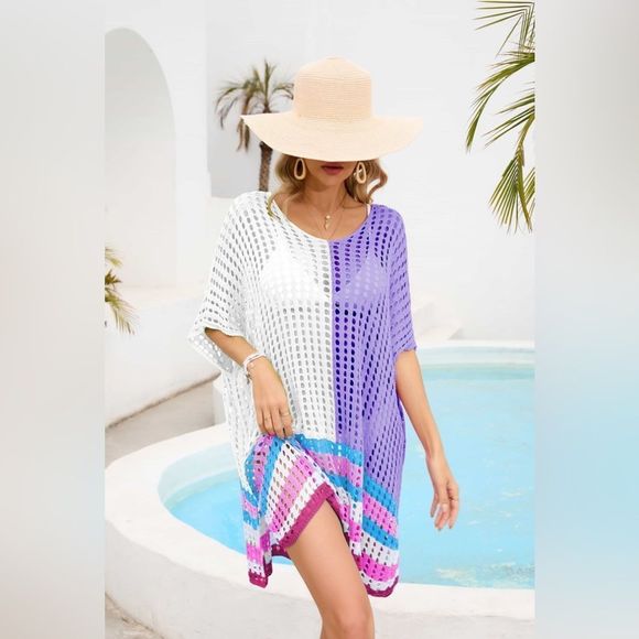boutique | Swim | Purple White Contrast Scoopneck Openwork Half Sleeve ...